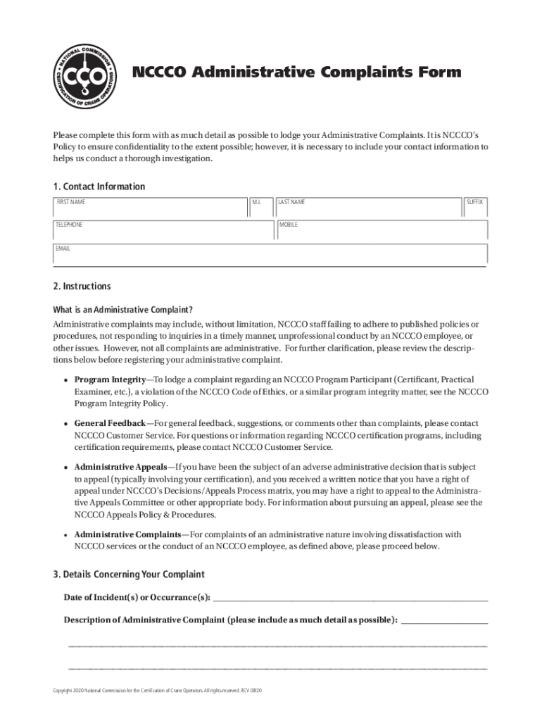 Fillable Online NCCCO Administrative Complaints Form Fax Email Print ...