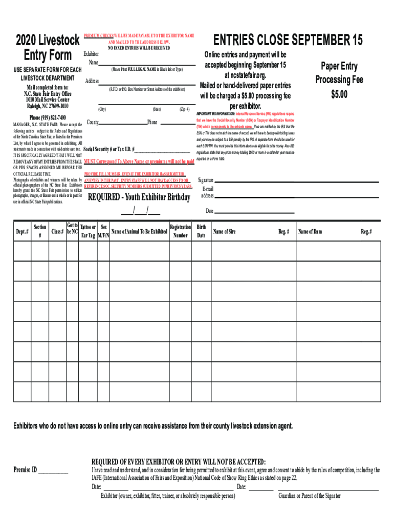 Fillable Online 2020 Livestock PREMIUM CHECKS WILL BE MADE PAYABLE TO ...