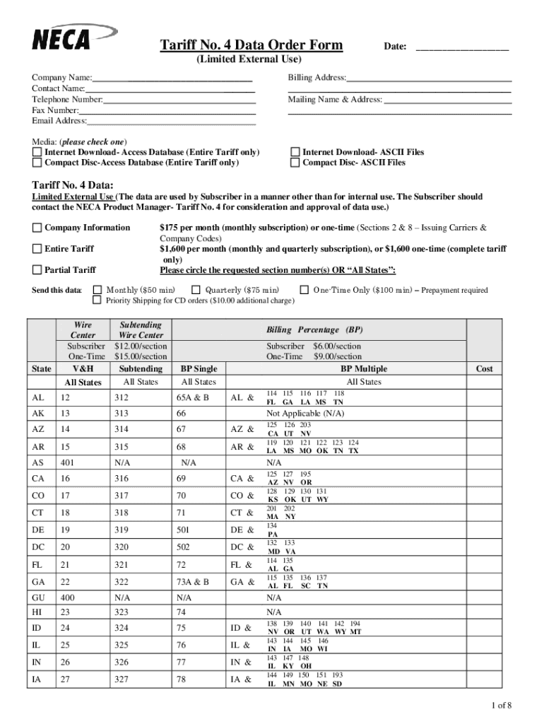 Fillable Online Tariff 4 Order Form Fax Email Print - pdfFiller