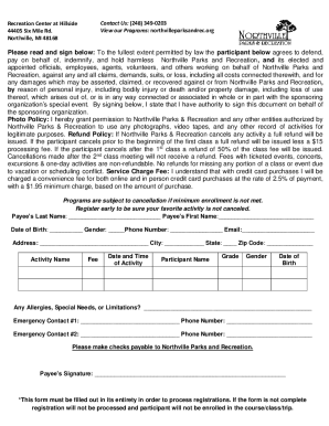 Fillable Online Northville Parks and Recreation Registration Form Fax ...