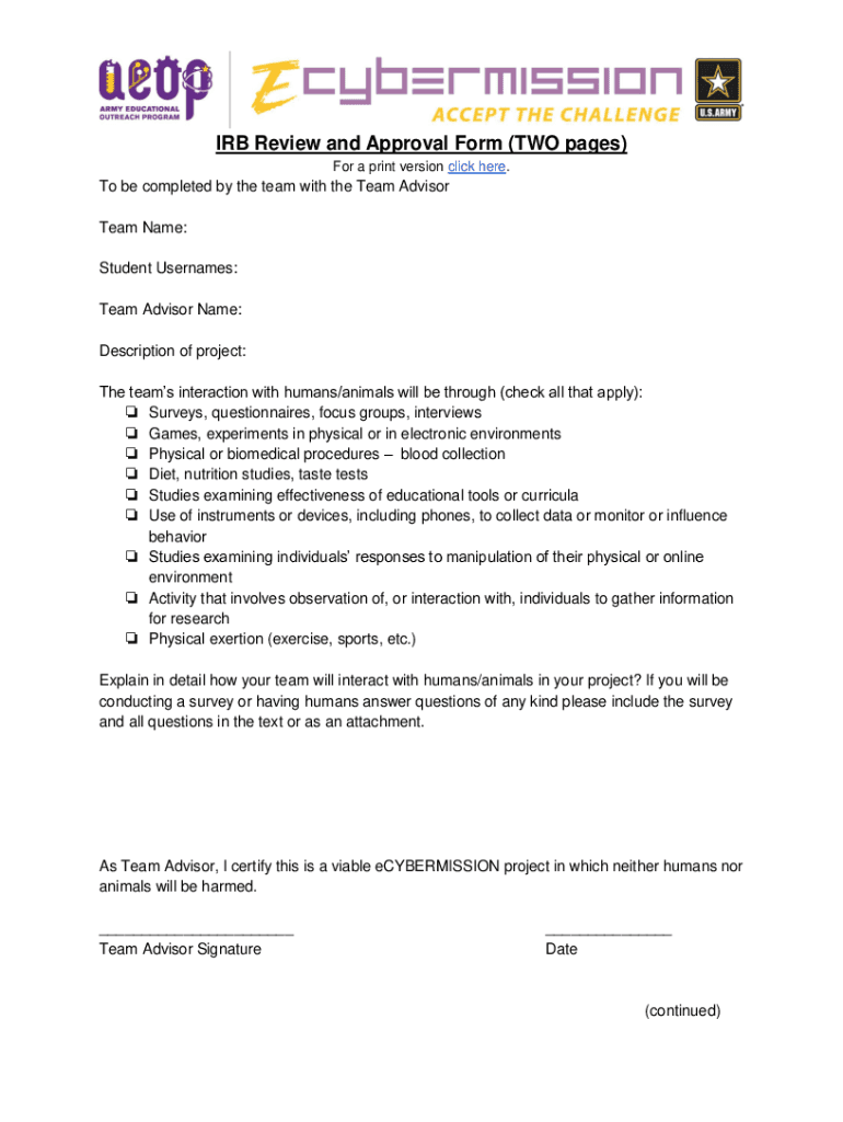 Fillable Online IRB Review and Approval Form (TWO pages) Fax Email ...