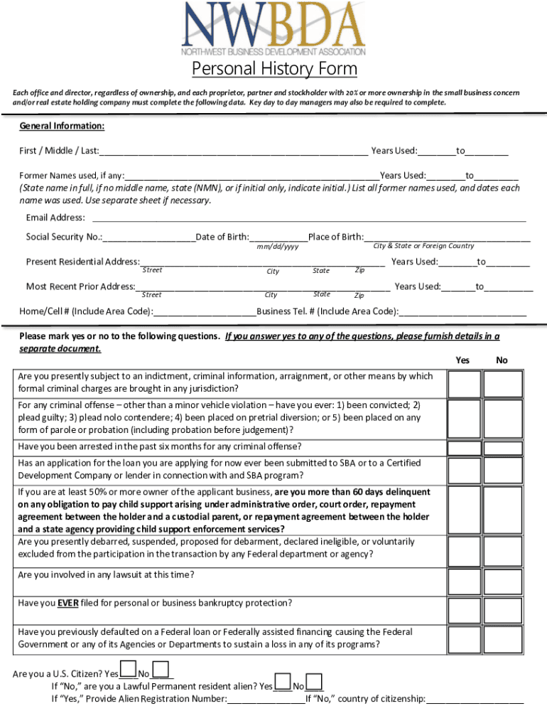 Fillable Online Personal History Form - Northwest Business Development ...