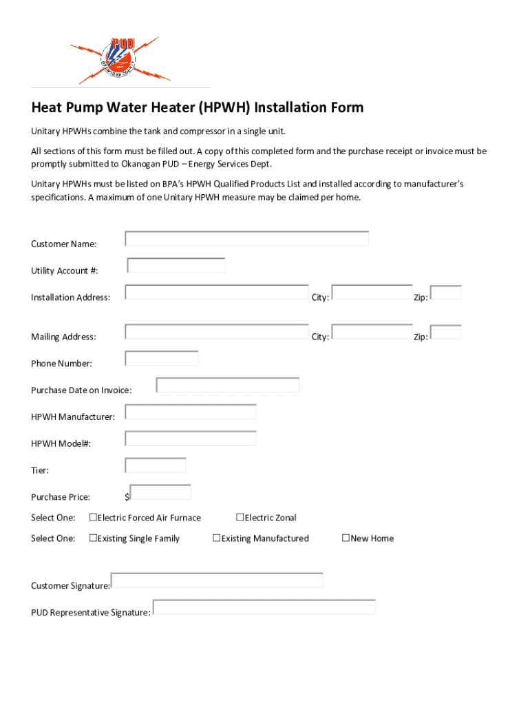 Fillable Online Heat Pump Water Heater (HPWH) Installation Form Fax ...