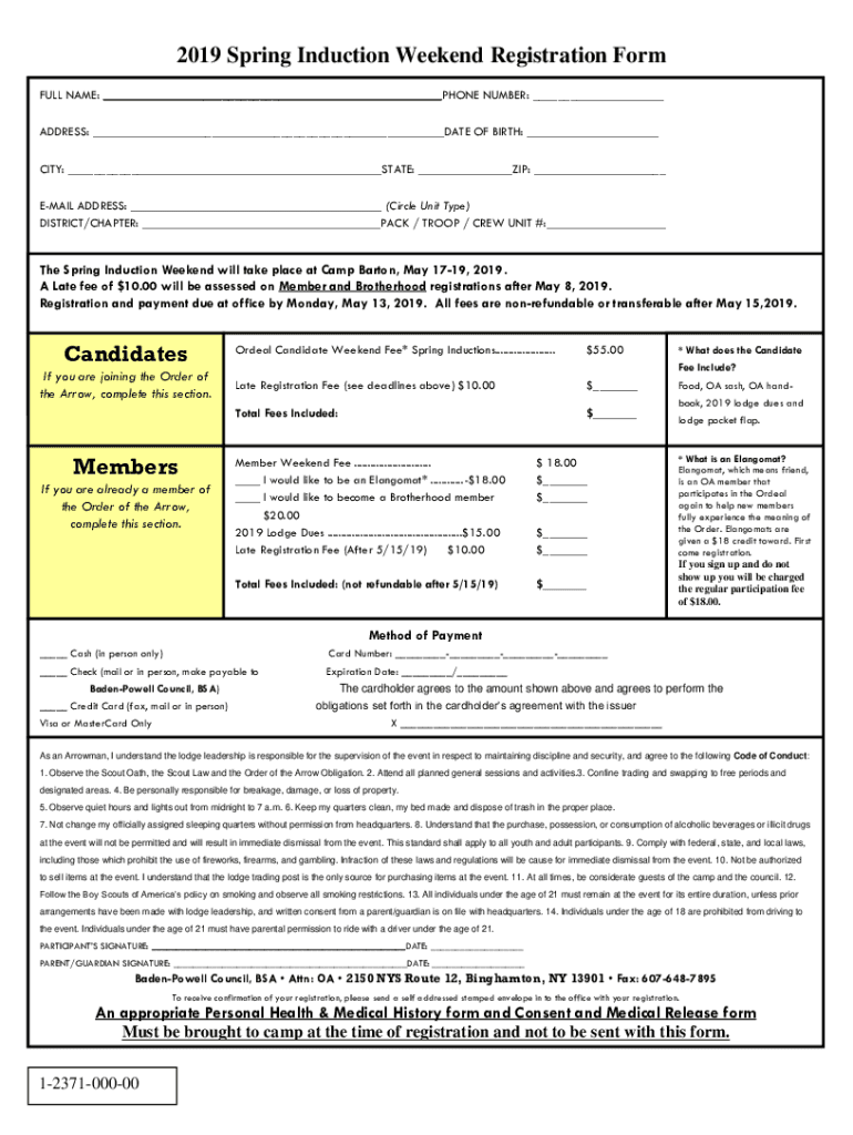 Fillable Online 2019 Spring Induction Weekend Registration Form Fax ...