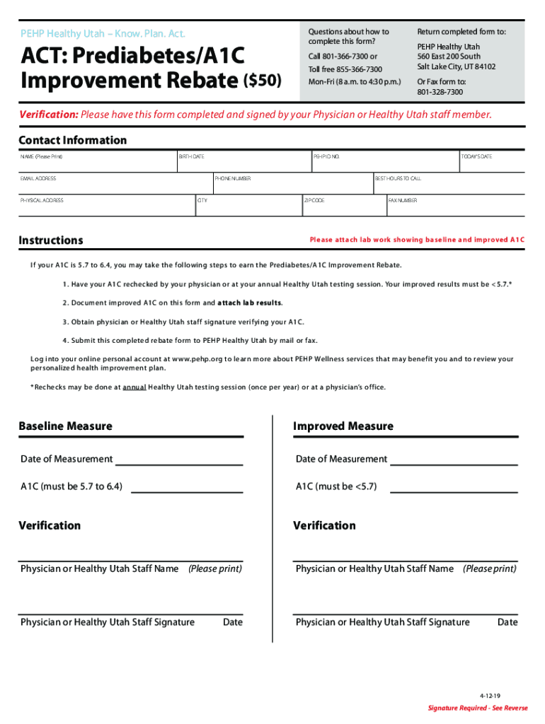 Fillable Online Return completed form to: ACT: Prediabetes/A1C PEHP ...