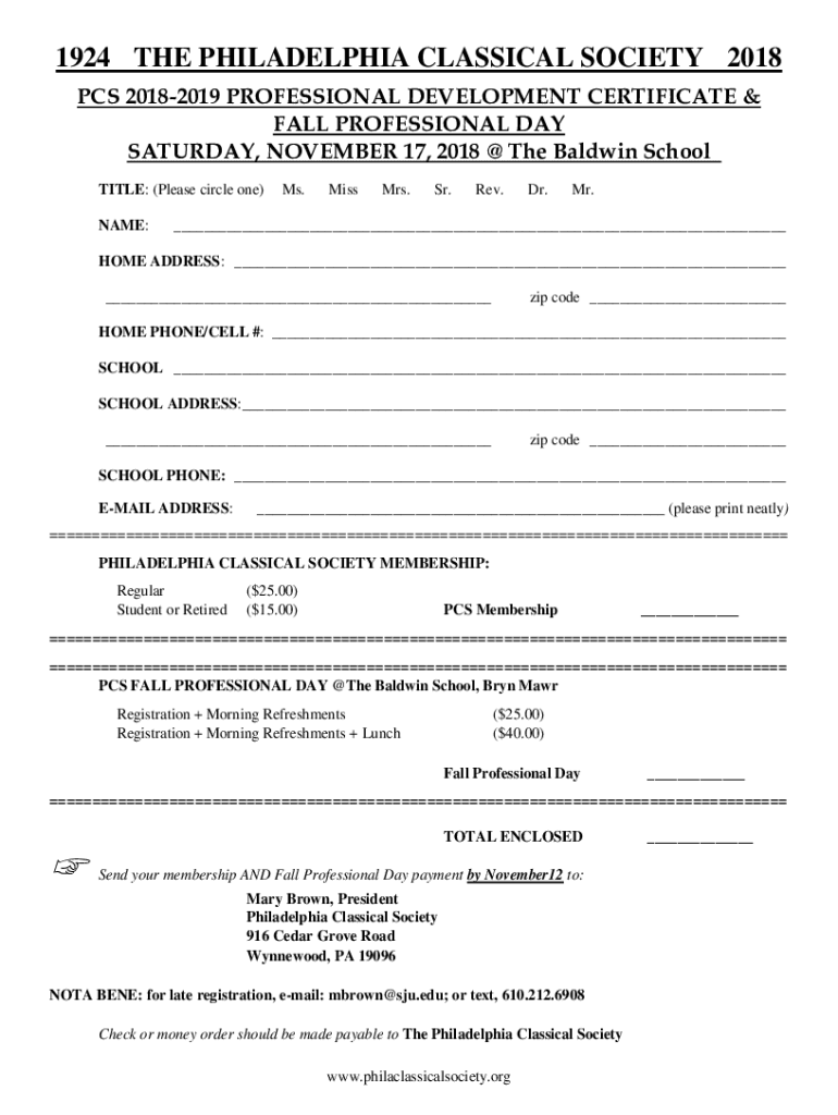 Fillable Online PCS 2018-2019 PROFESSIONAL DEVELOPMENT CERTIFICATE ...