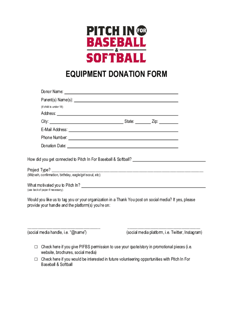 Fillable Online EQUIPMENT DONATION FORM - Pitch in for Baseball and ...