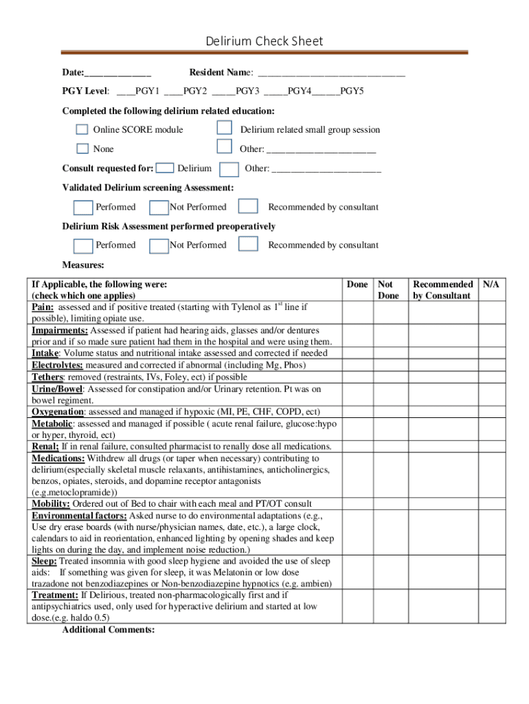 Fillable Online Delirium Check Sheet Fax Email Print - pdfFiller