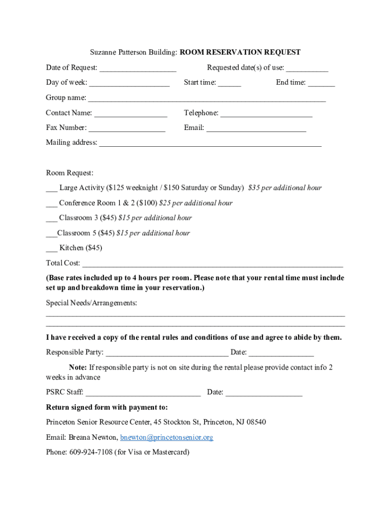 Fillable Online Suzanne Patterson Building: ROOM RESERVATION REQUEST ...