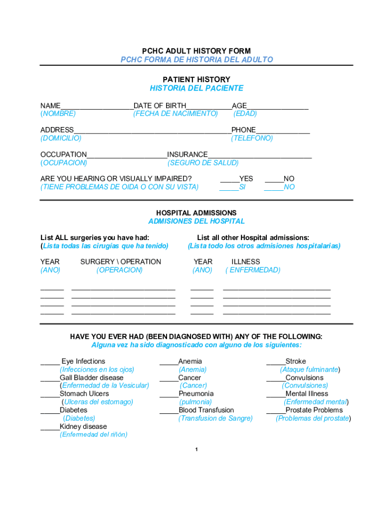 Fillable Online ADULT HEALTH HISTORY (HISTORIA DE SALUD DE A Fax Email ...