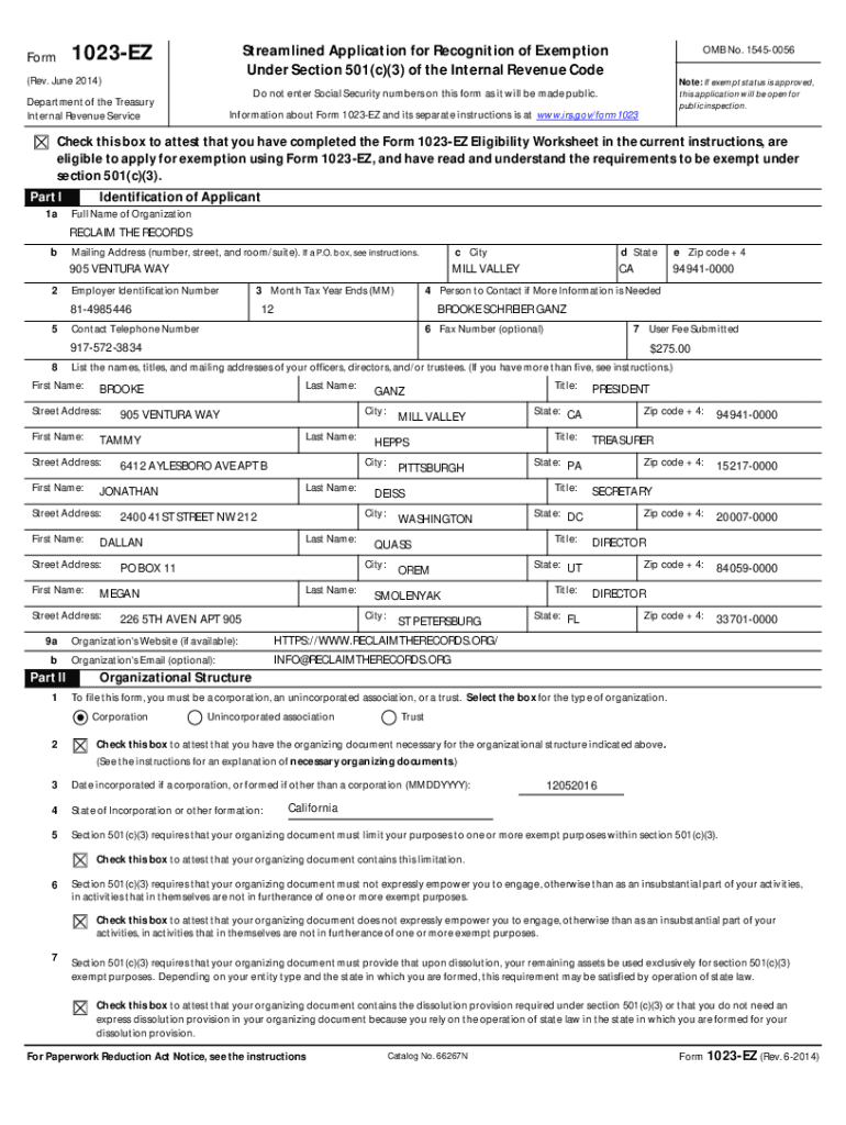 Fillable Online Form 1023 Application for Recognition of Exemption Note ...