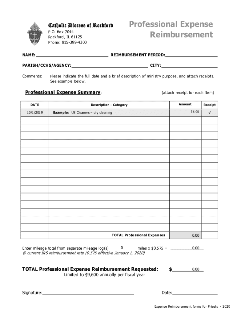 Fillable Online Expense Reimbursement Forms for Priests (2020) Fax ...