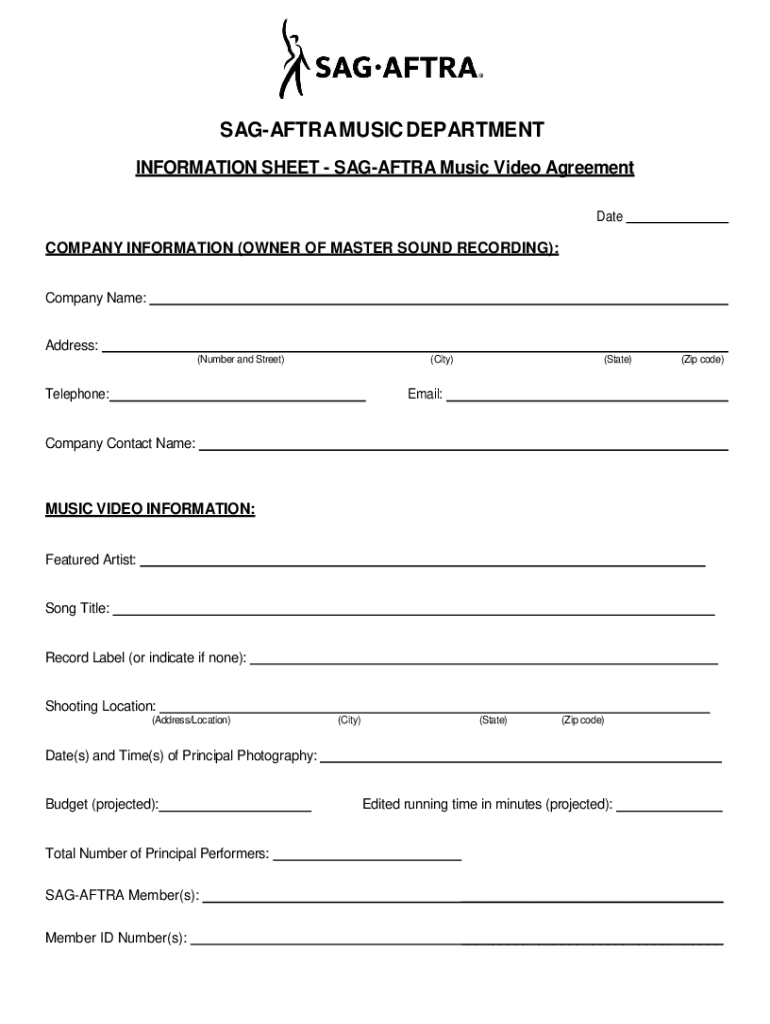 Fillable Online INFORMATION SHEET - SAG-AFTRA Music Video Agreement Fax Email Print - pdfFiller