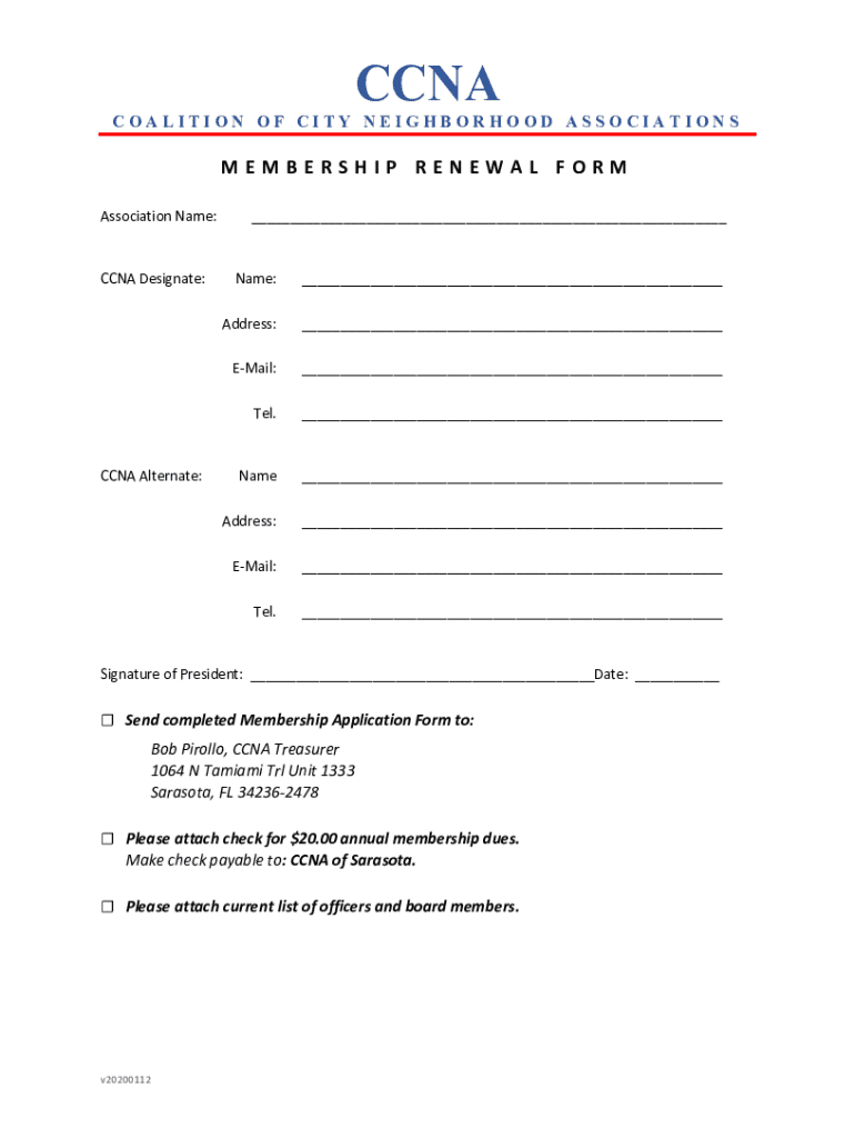 Fillable Online CCNA Membership Renewal Form 2020 - Coalition of City ...