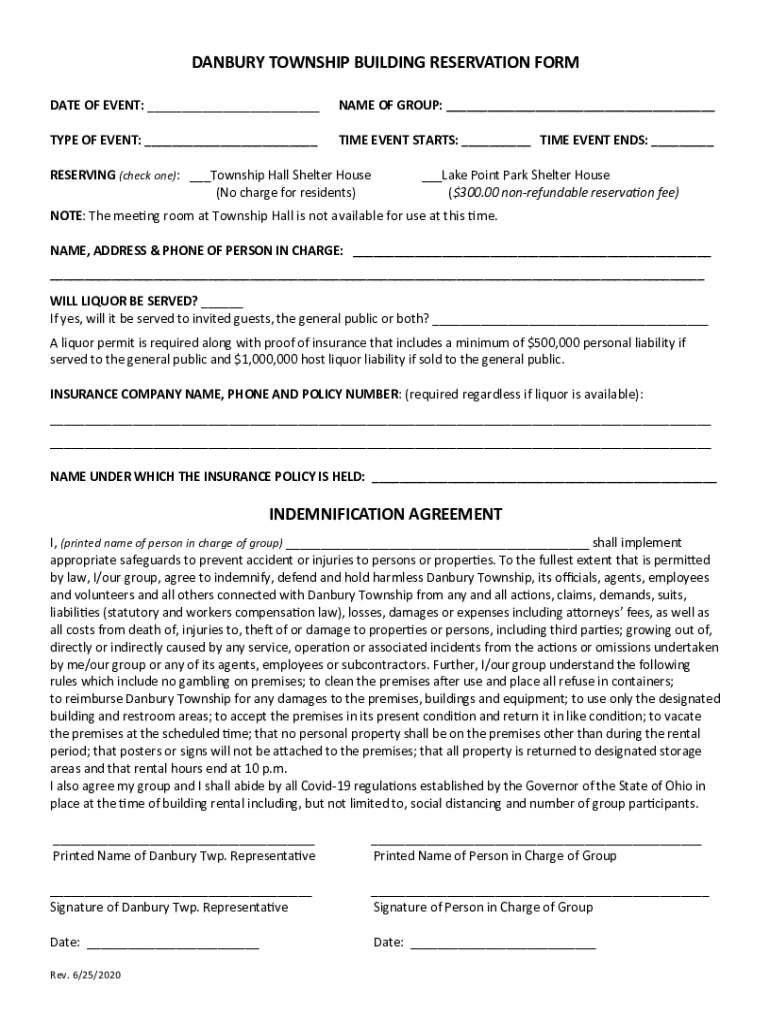 Fillable Online DANBURY TOWNSHIP BUILDING RESERVATION FORM Fax Email ...