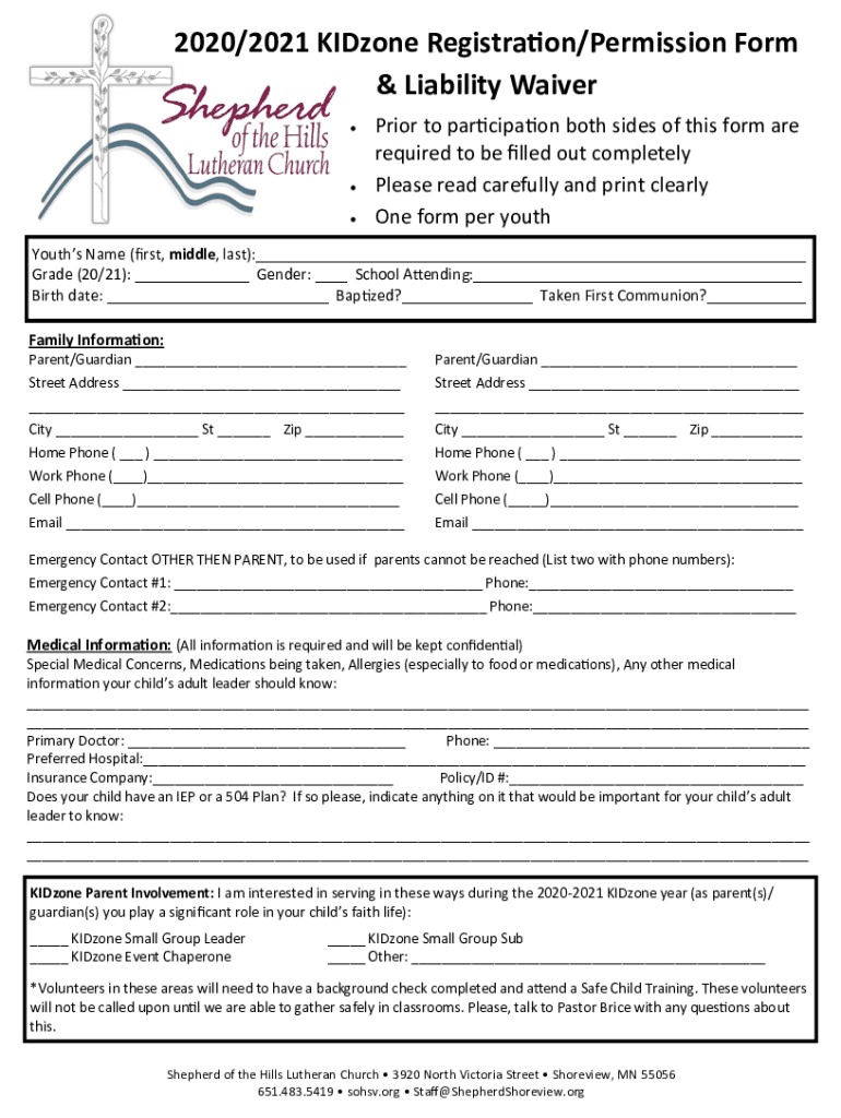 Fillable Online 2020/2021 KIDzone Registration/Permission Form & Liability Waiver Fax Email ...