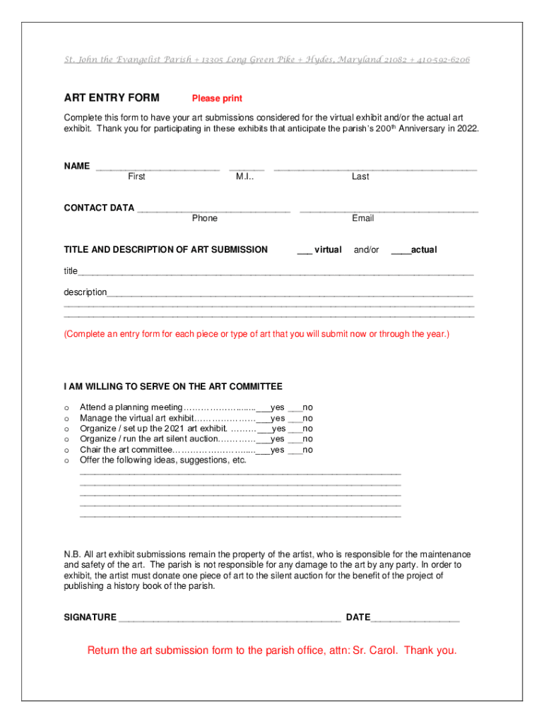 Fillable Online ART ENTRY FORM Please print - sjehydes.org Fax Email Print - pdfFiller
