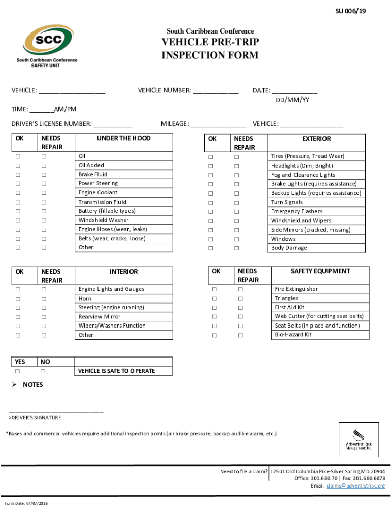 Fillable Online VEHICLE PRE-TRIP INSPECTION FORM - South Caribbean ...