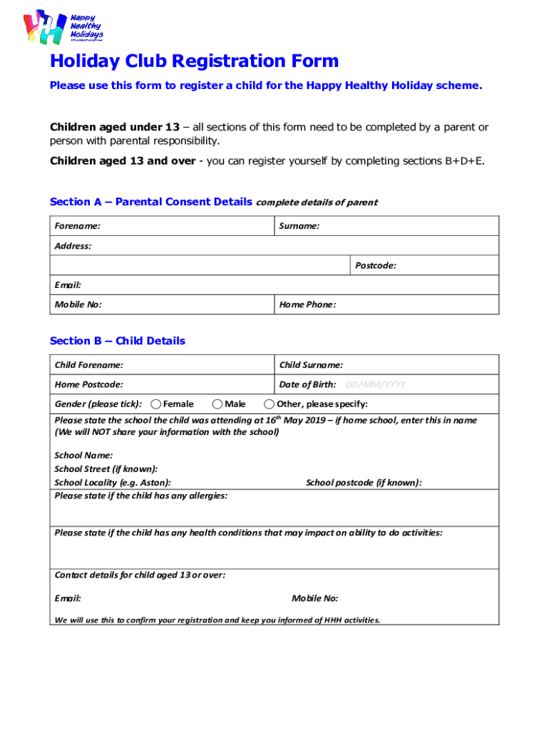 Fillable Online Setting up a new club that operates in the holidays ...