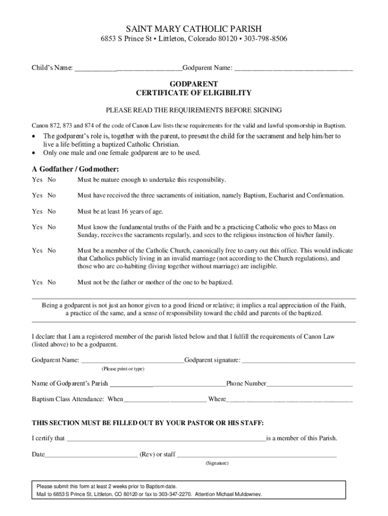 Fillable Online GODPARENT CERTIFICATE OF ELIGIBILITY - St. Mary ...