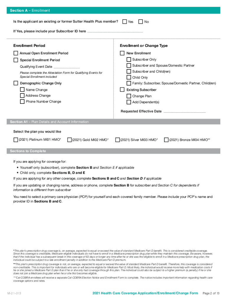 Fillable Online Individual and Family Plan 2021 Health Care Coverage ...