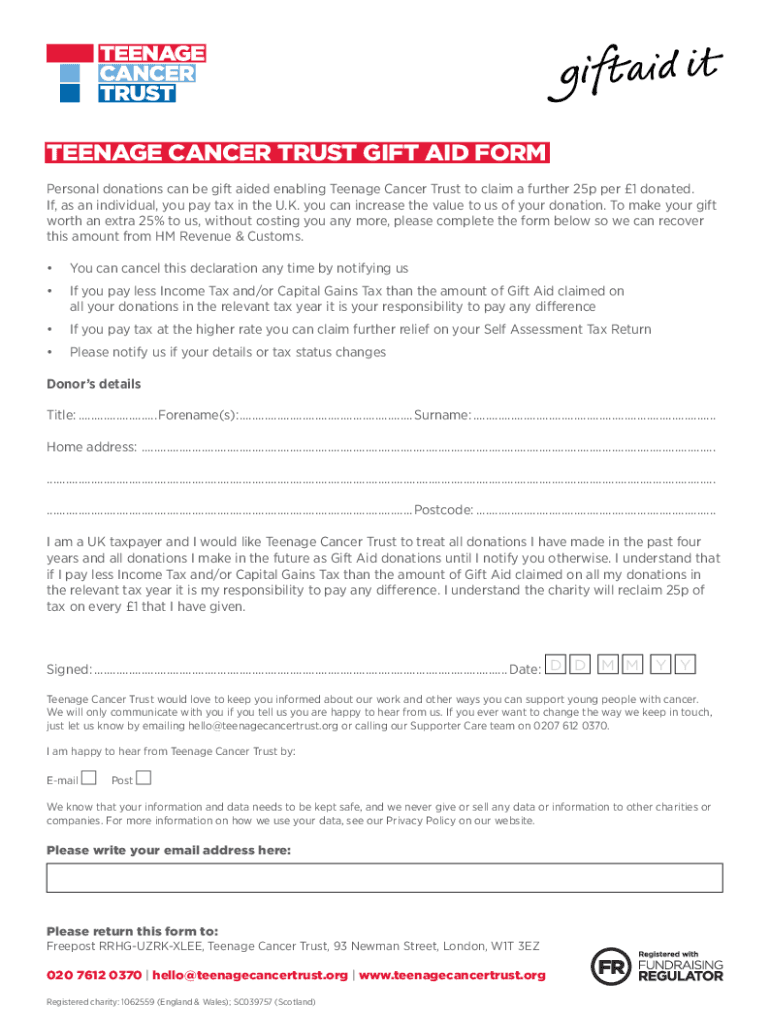 Fillable Online DonateTeenage Cancer TrustCharities and CASC: Gift Aid ...