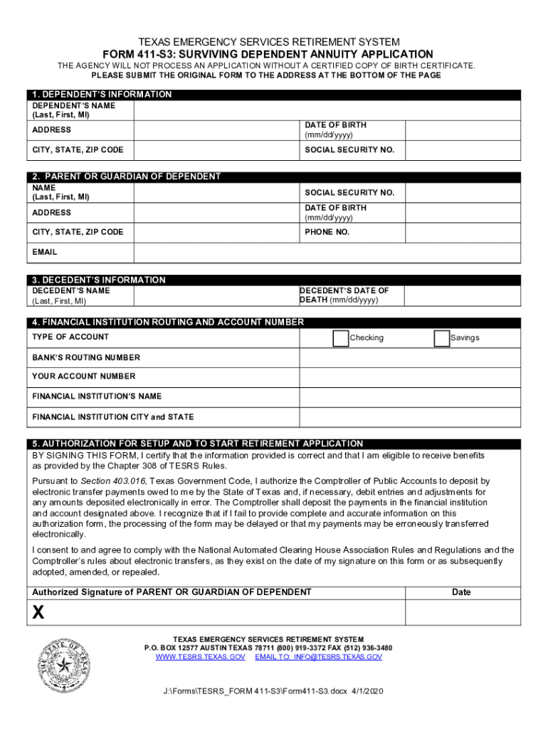 Fillable Online FORM 411-S3 - Texas Emergency Services Retirement ...