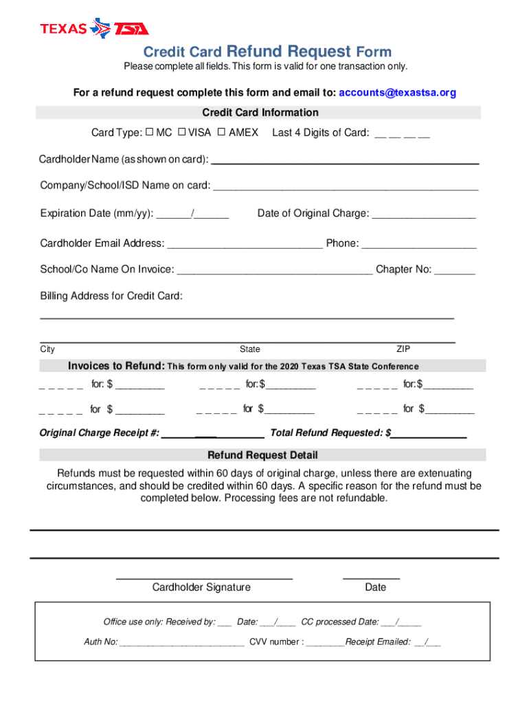 Fillable Online Credit Card Refund Request Form - Texas TSA Fax Email ...