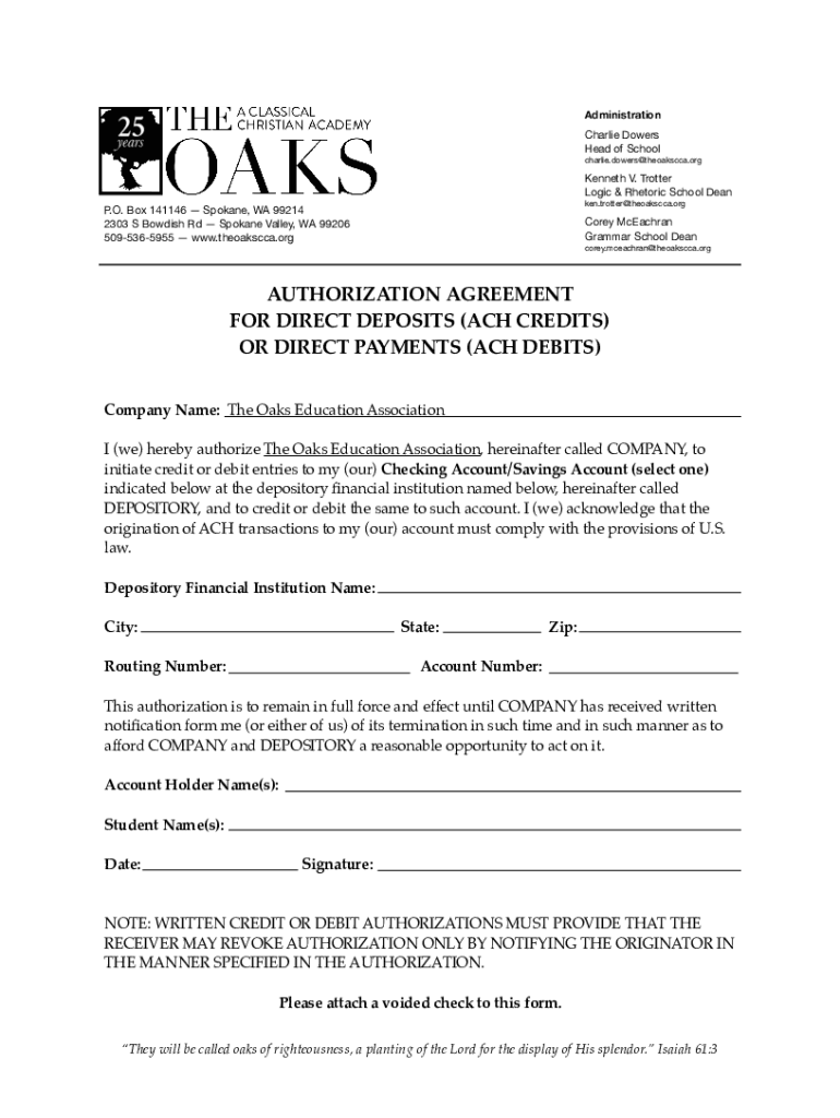 Fillable Online Automatic Withdrawal - Authorization Agreement for Direct Deposits or Payments ...