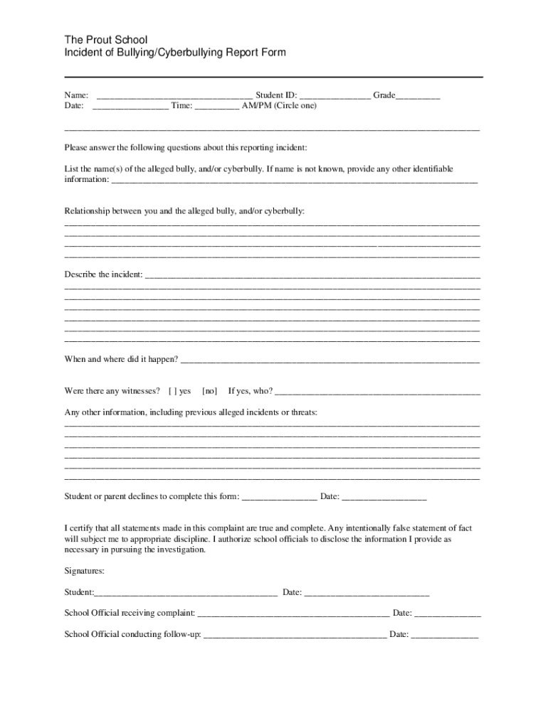 Fillable Online The Prout School Incident of Bullying/Cyberbullying ...