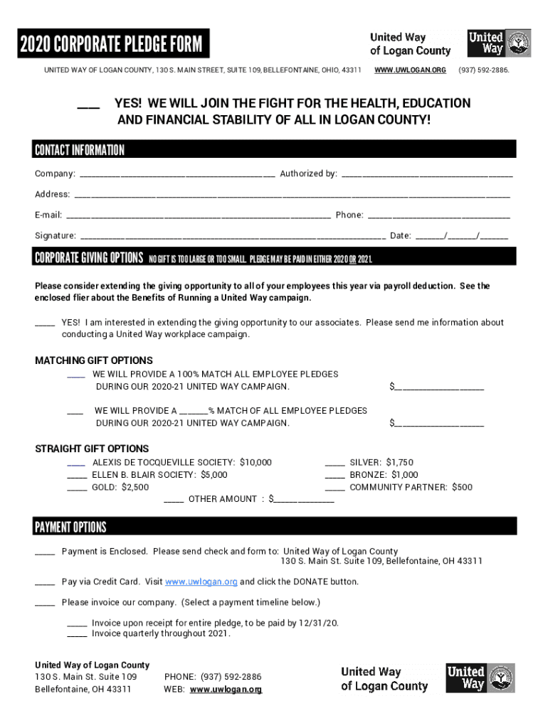 Fillable Online 2020 Corporate Pledge Form - United Way of Logan County ...