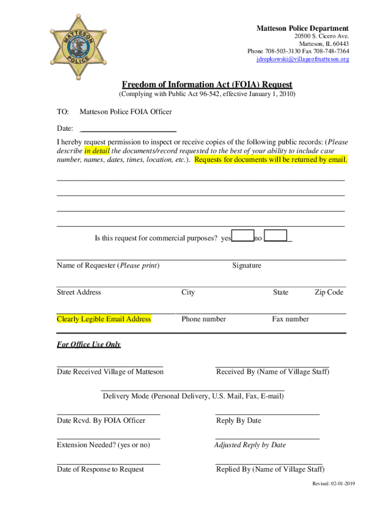 Fillable Online Matteson Police Department 20500 S Cicero Ave Matteson ...