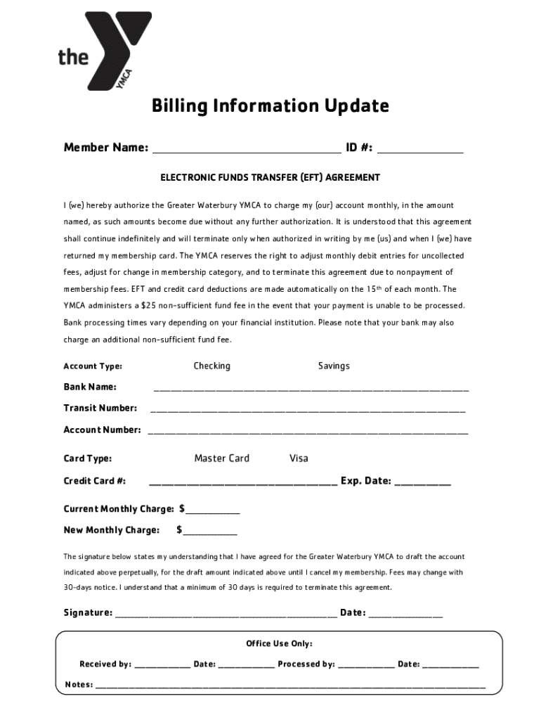 Fillable Online Billing Information Update - Greater Waterbury YMCA Fax ...