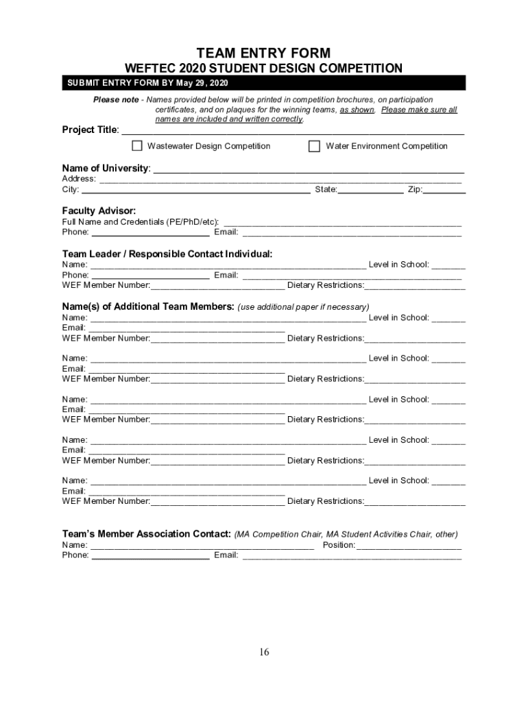 Fillable Online TEAM ENTRY FORM WEFTEC 2021 STUDENT DESIGN COMPETITION ...