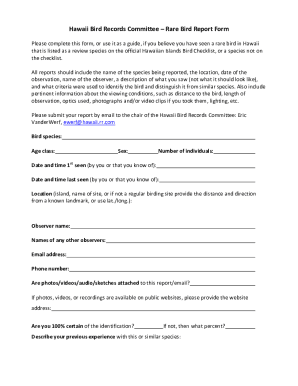 Fillable Online Hawaii Bird Records CommitteeRare Bird Report Form Fax ...