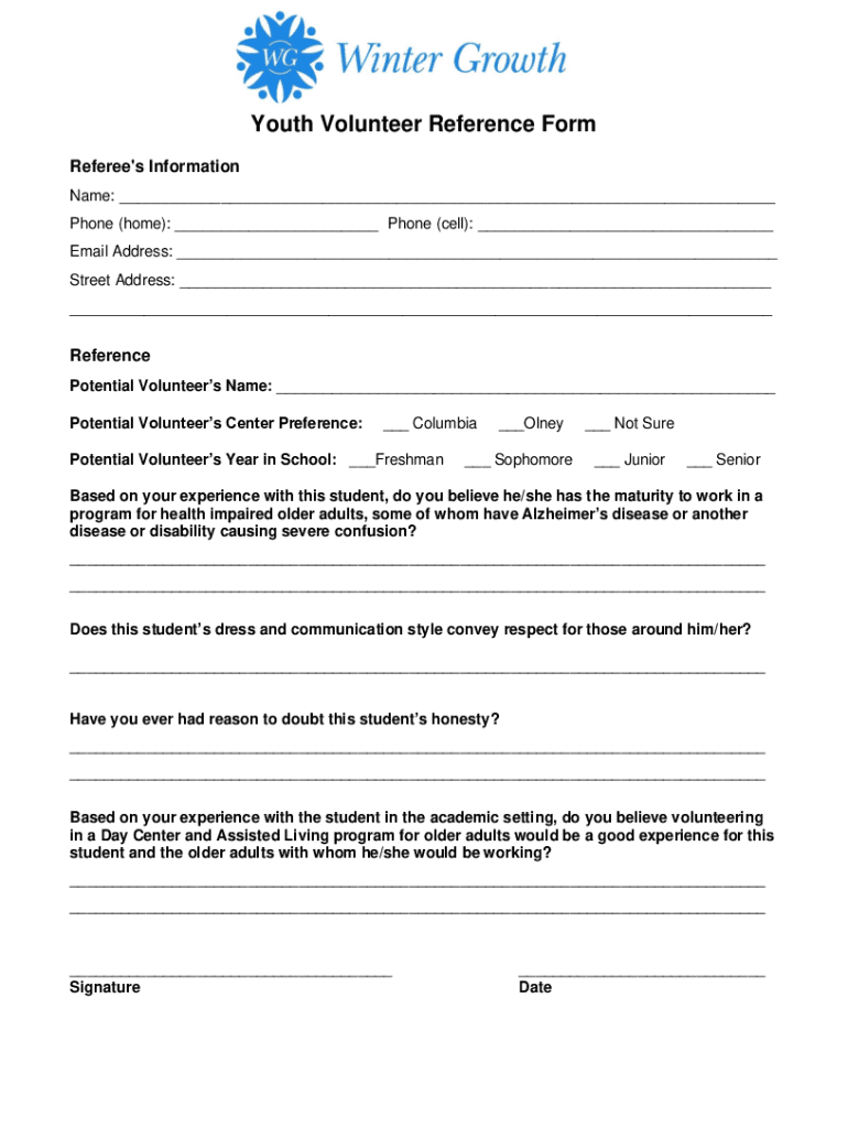 Fillable Online Youth Volunteer Reference Form Fax Email Print - pdfFiller
