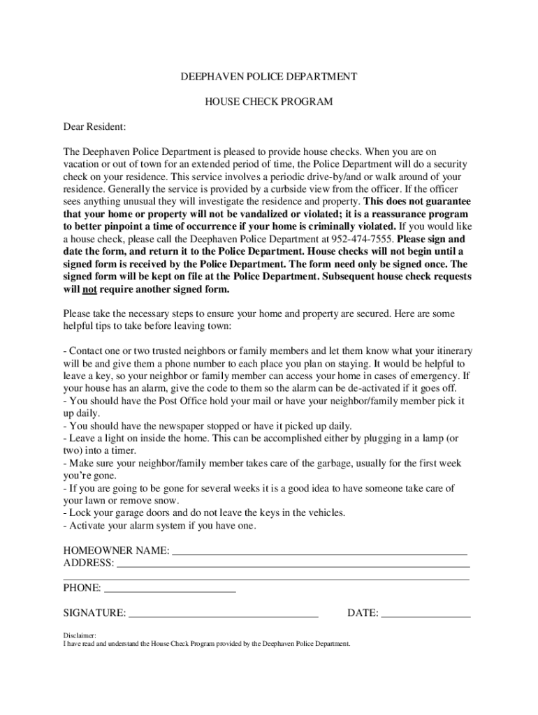 Fillable Online HOUSE CHECK FORM - POLICE DEPARTMENT - City of ...
