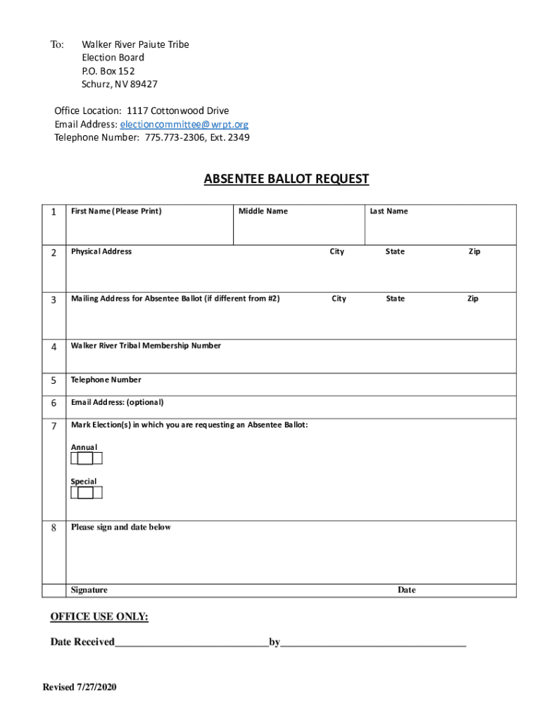 Fillable Online ABSENTEE BALLOT REQUEST - Walker River Paiute Tribe Fax Email Print - pdfFiller
