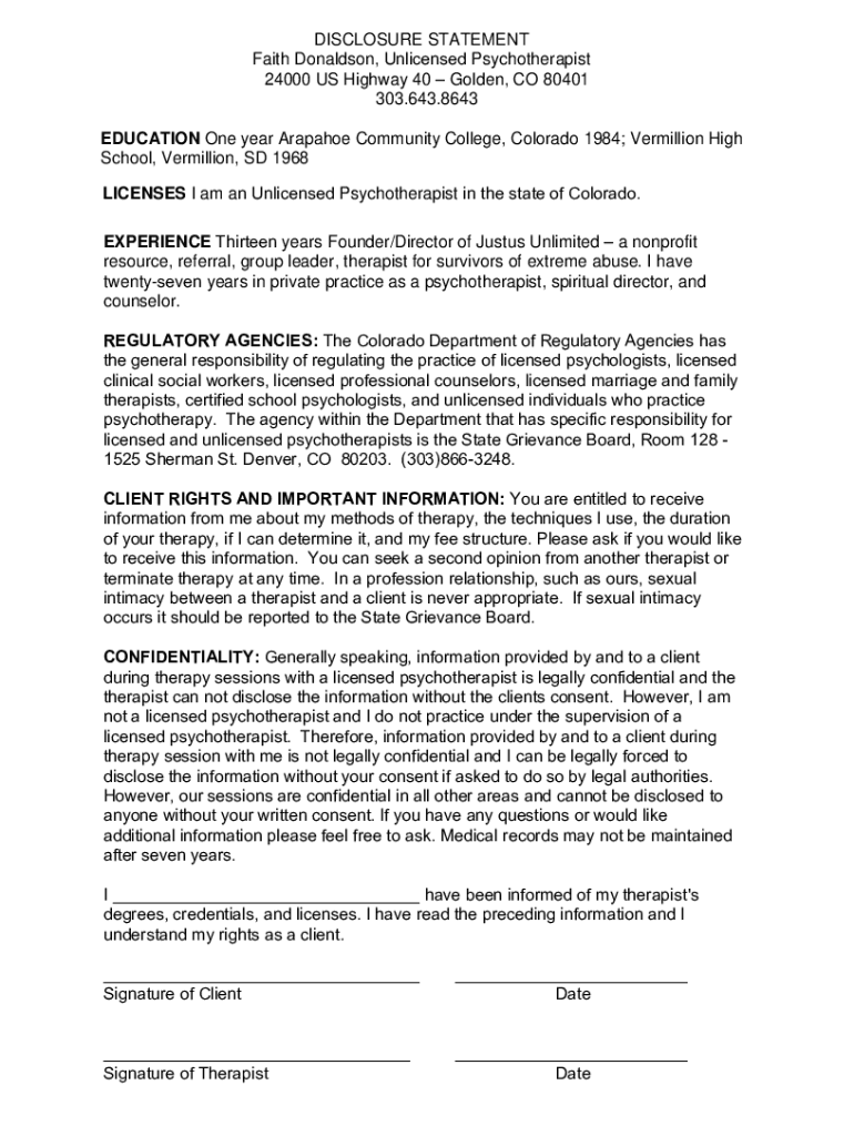 Fillable Online Professional Disclosure Statement - LIFE FIRST THERAPY ...