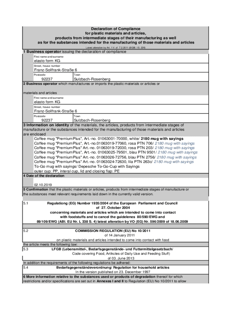 Fillable Online Food Safety Authority of Ireland - Plastics Declaration ...