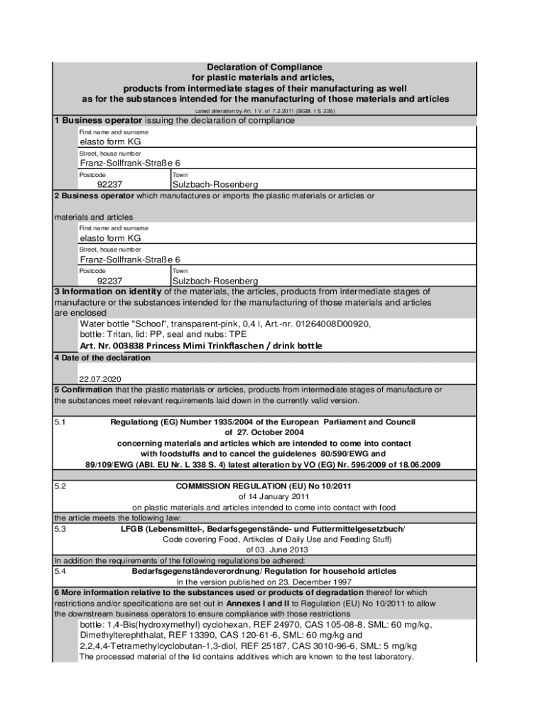 Fillable Online Declaration of Compliance (DOC) for Food Contact ...