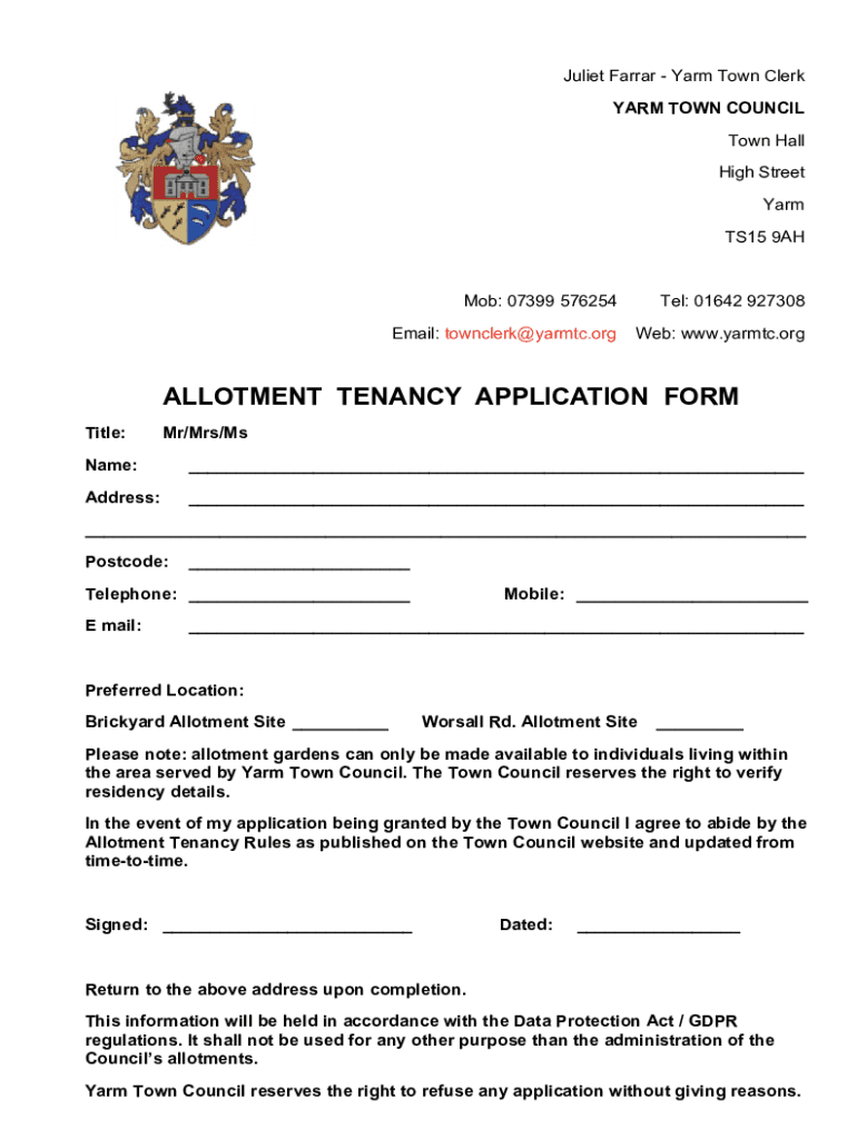 Fillable Online ALLOTMENT TENANCY APPLICATION FORM - Yarm Fax Email ...