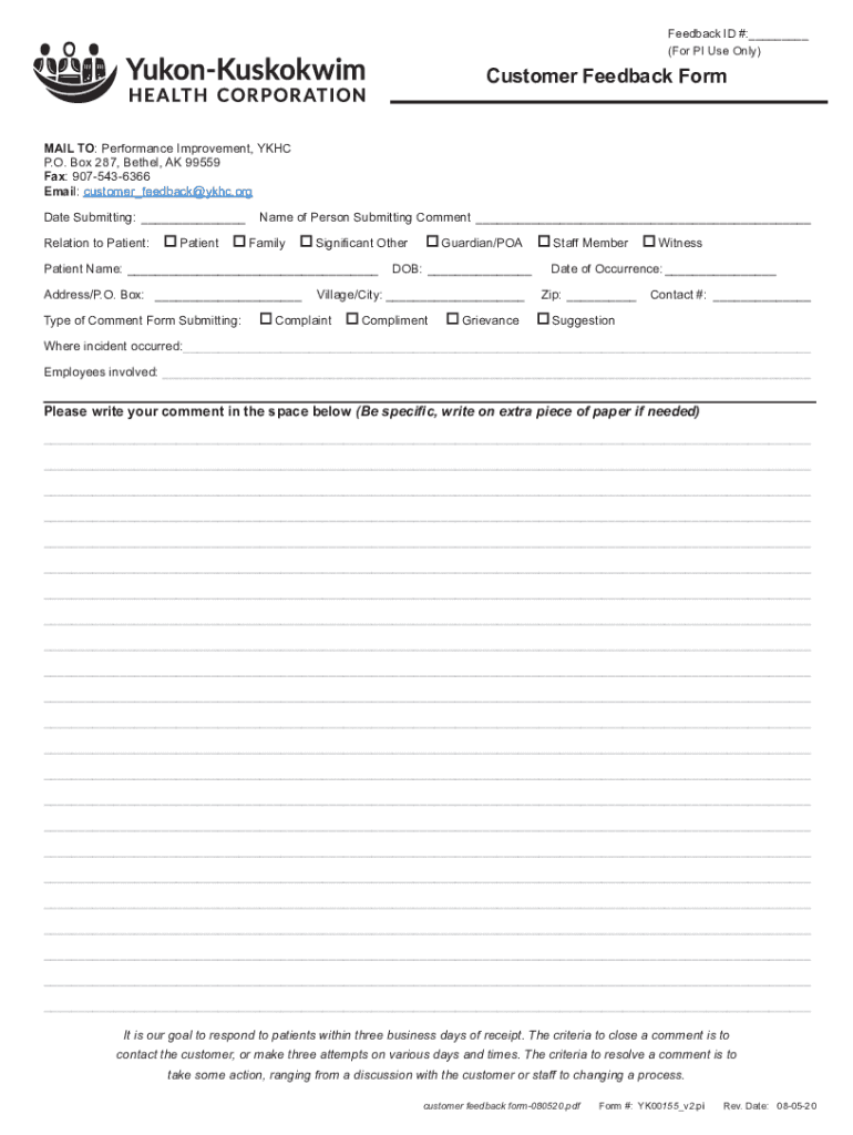 Fillable Online Customer Feedback Form - ykhc.org Fax Email Print ...