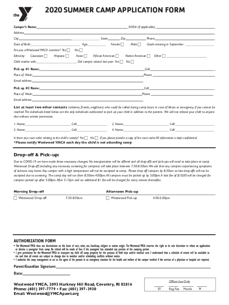 Fillable Online 2020 Summer Camp Staff Employment Application Form Fax ...