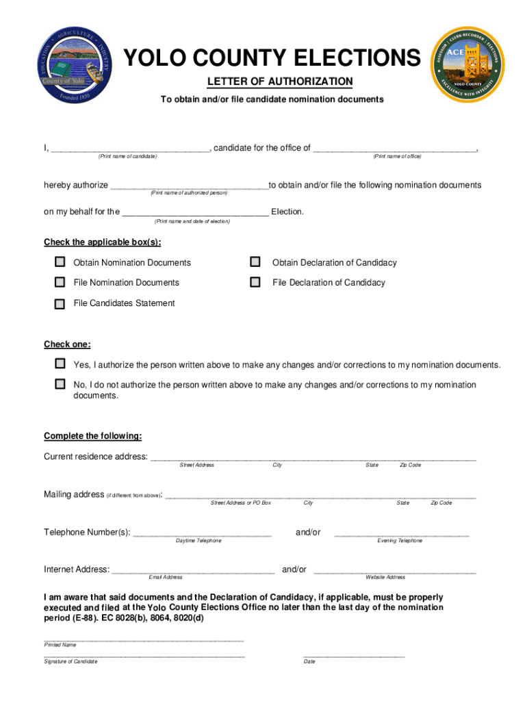 Fillable Online LETTER OF AUTHORIZATION - Yolo Elections Office Fax ...