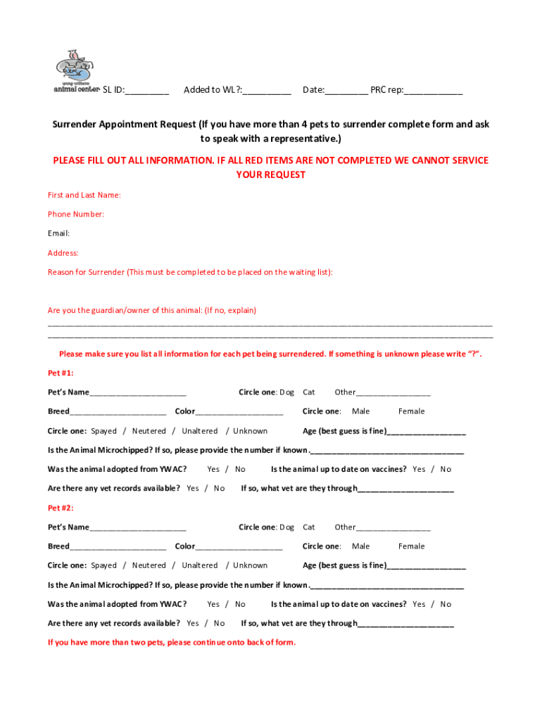 Fillable Online Surrender Appointment Request (If you have more than 4 pets ... Fax Email Print ...