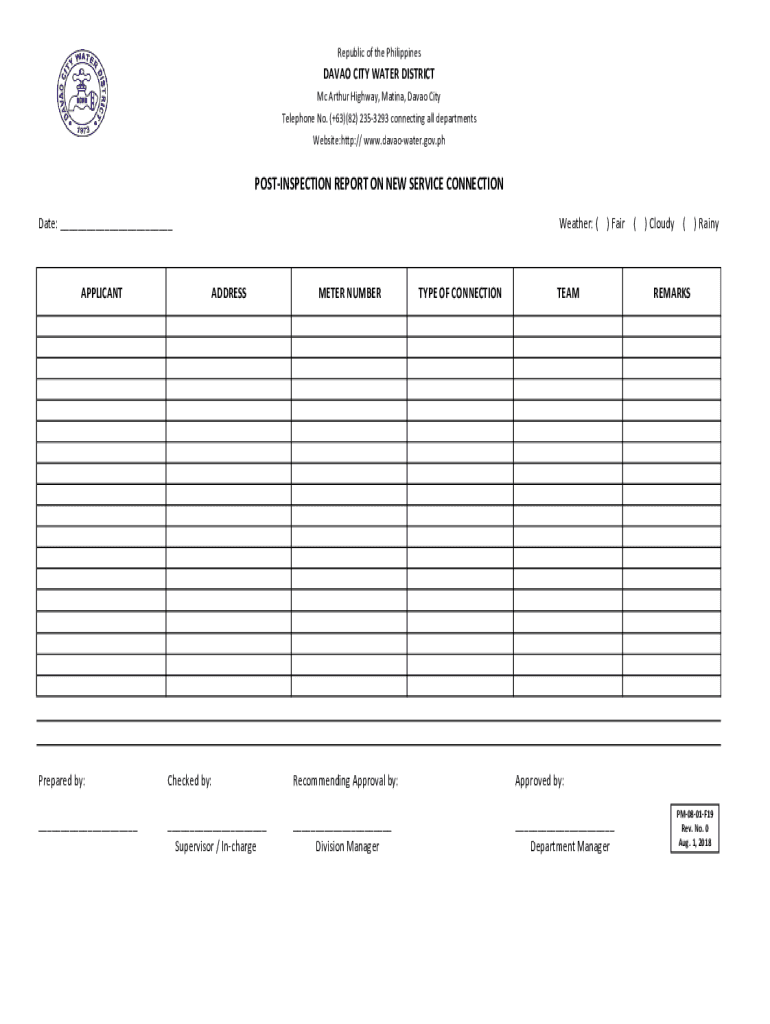 Fillable Online POST-INSPECTION REPORT ON NEW SERVICE CONNECTION Fax ...