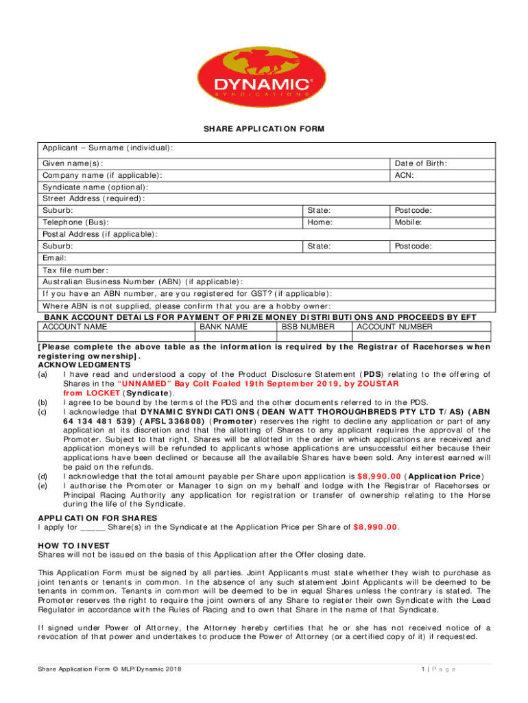 Fillable Online SHARE APPLICATION FORM - jewelracing.com.au Fax Email ...