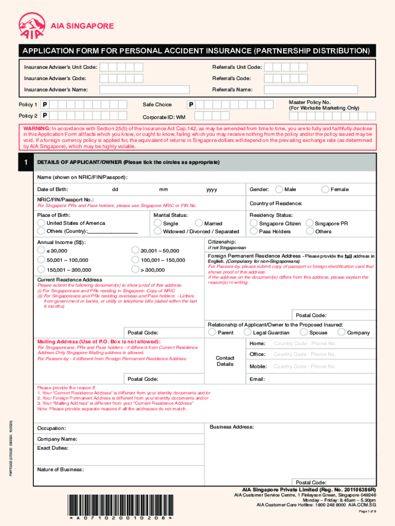 Fillable Online Application Form For Personal Accident Insurance ...