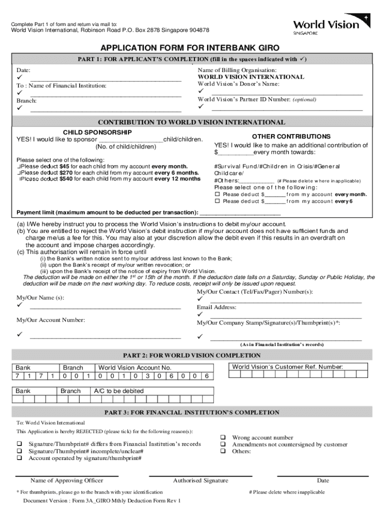 Fillable Online APPLICATION FORM FOR INTERBANK GIRO - World Vision ...